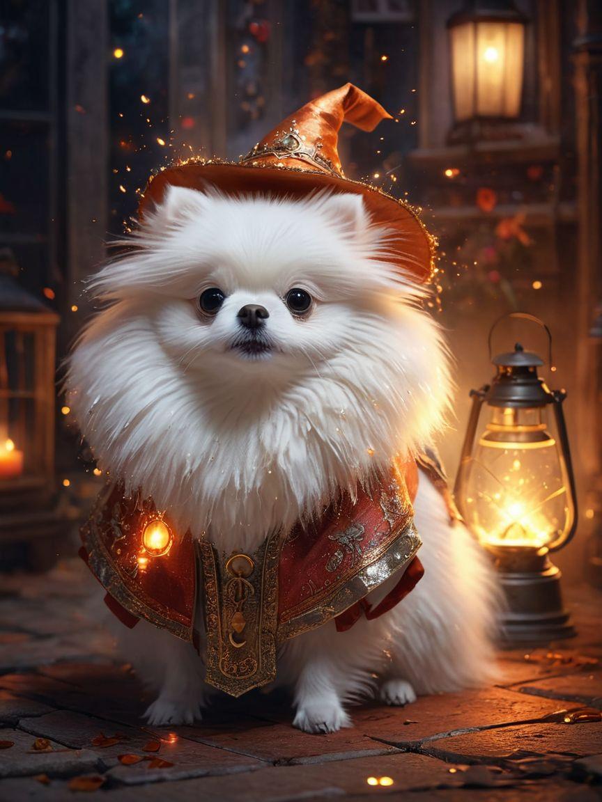 Pomeranian in wizard costume surrounded by lanterns lights